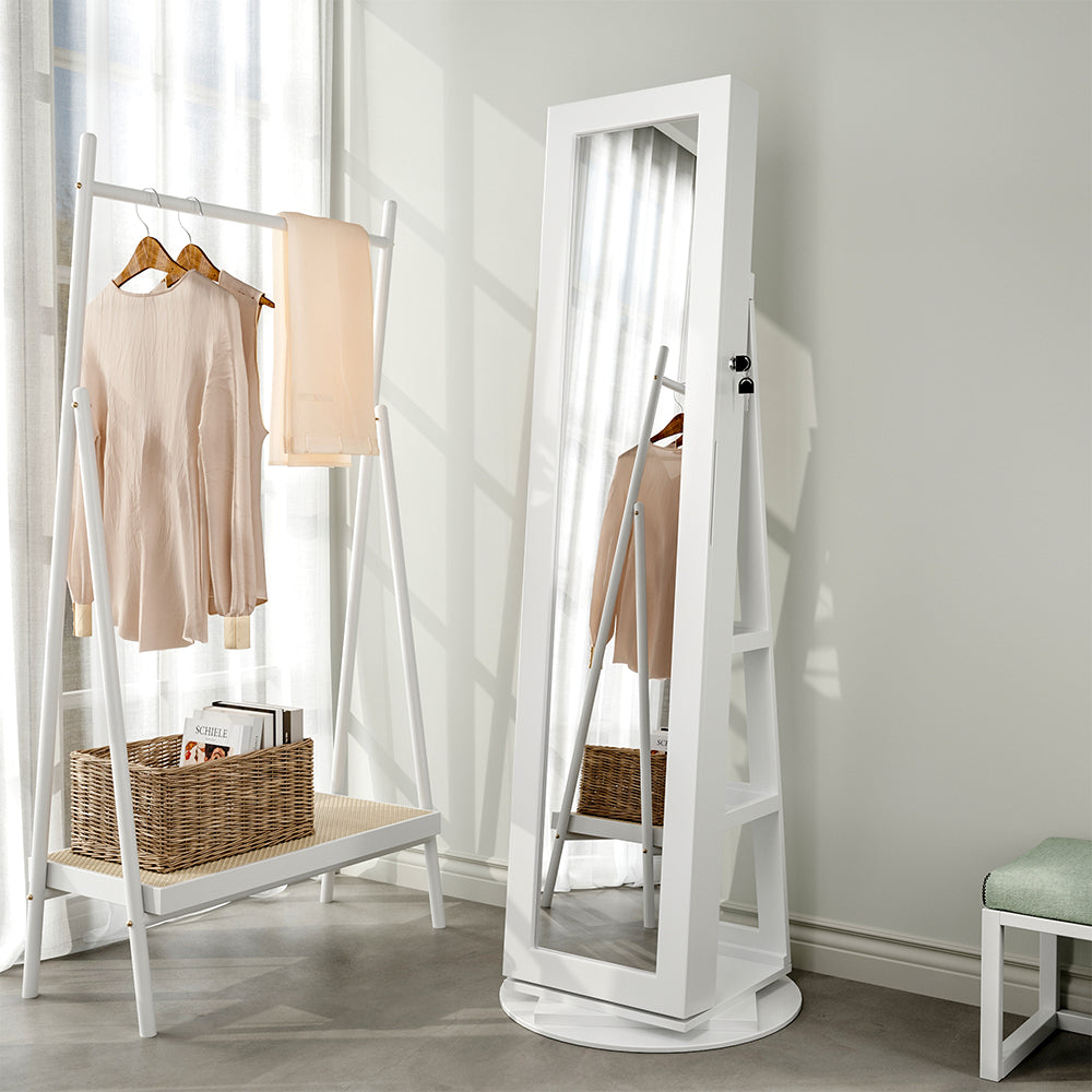 White Rotary Jewellery Cabinet with Mirror Floor Standing Lockable Sto ...